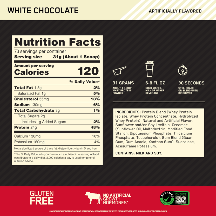 100% Whey Optimum Nutrition Gold Standard Chocolate Branco 2,27kg - 5 Lbs | Globalbev